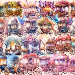 Fairy Carriages Watercolor Clipart Bundle - 120 PNG Fairytale Images ...