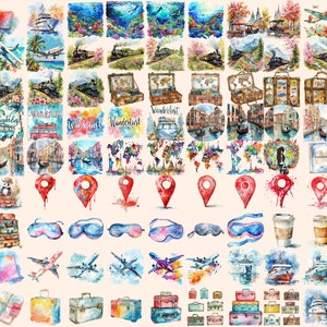 Travel Watercolor Clipart Bundle - 668 PNG Summer Vacation Journey ...