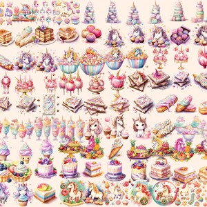 Unicorn Desserts Watercolor Clipart Bundle: 387 PNG Images (digital ...