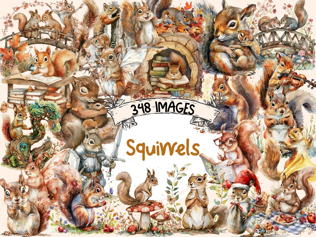 Squirrels Watercolor Clipart Bundle: 348 PNG Woodland Graphics (digital ...