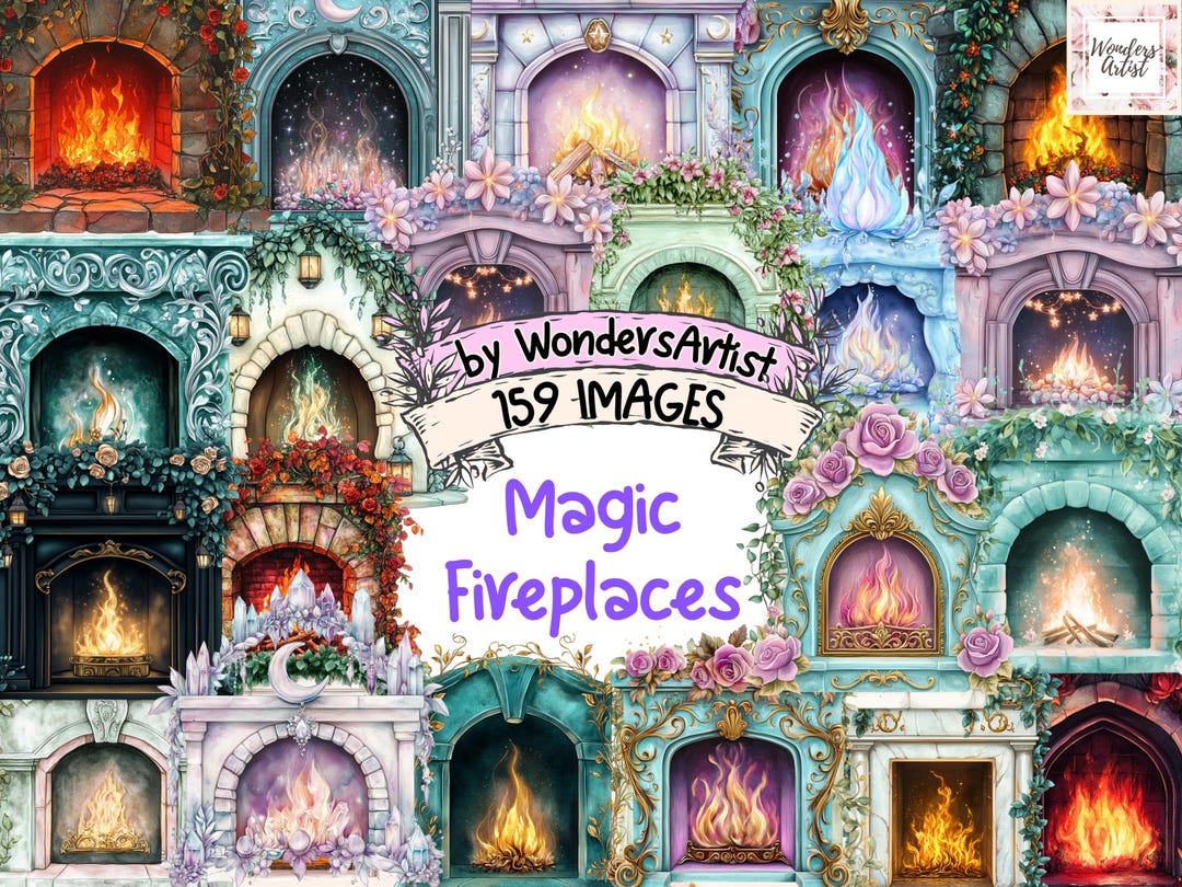 Magic Fireplaces Watercolor Clipart Bundle - 159 PNG Fireplace Images ...