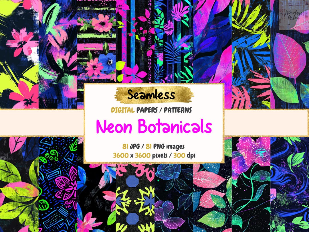 Neon Botanical Digital Papers: Glowing Floral Patterns (commercial Use ...