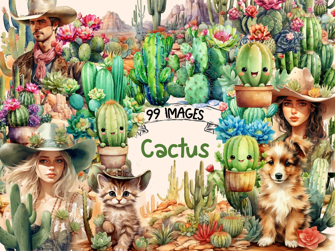 Watercolor Cactus Clipart Bundle: 99 Desert Plant PNG Images ...
