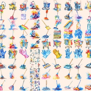Watercolor Cleaning Clipart Bundle: 687 PNG Graphics (digital Download ...
