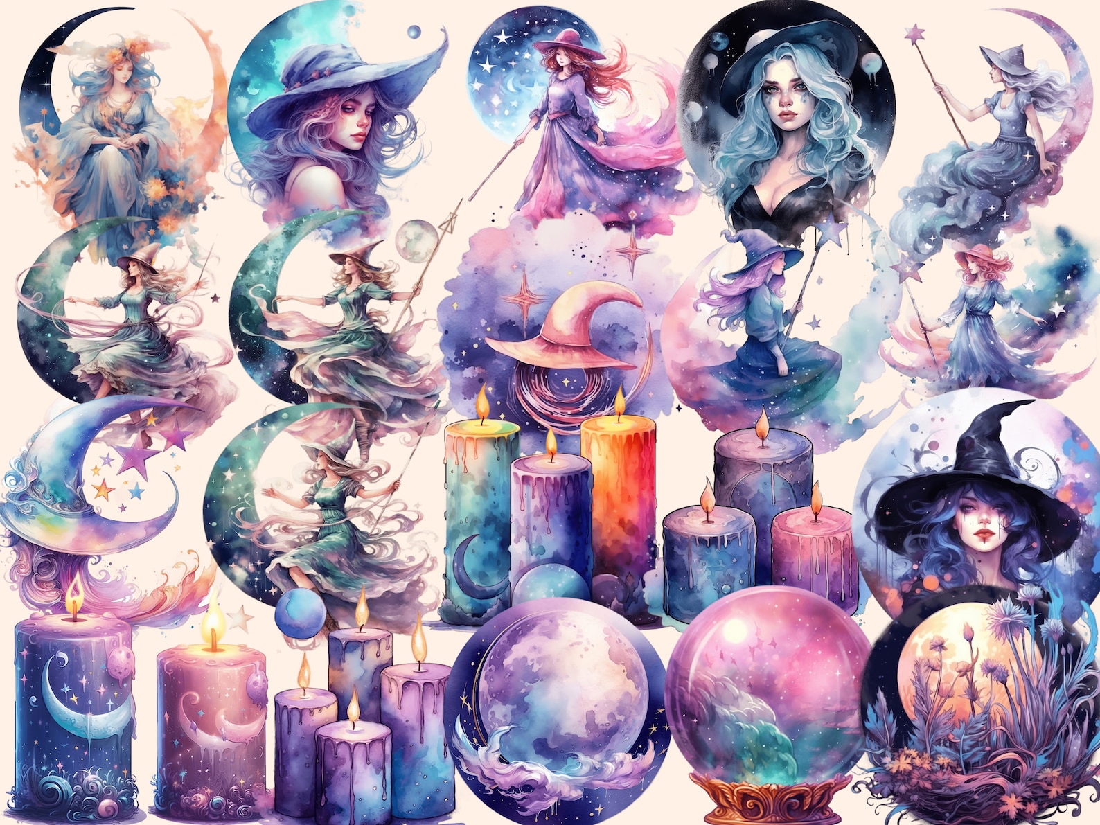 Moon Witches Watercolor Clipart Bundle: 141 PNG Fairytale Images ...