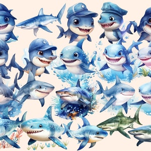 Sharks Watercolor Clipart Bundle - 151 PNG Shark Images, Oceanic ...