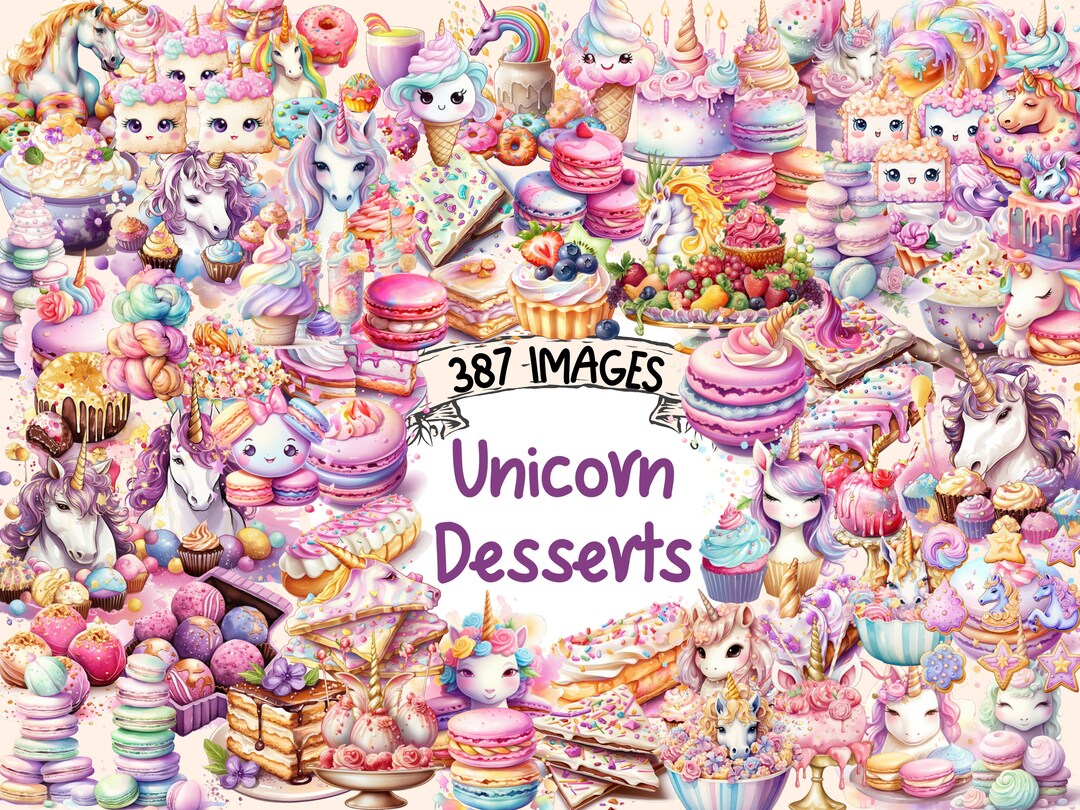 Unicorn Desserts Watercolor Clipart Bundle: 387 PNG Images (digital ...