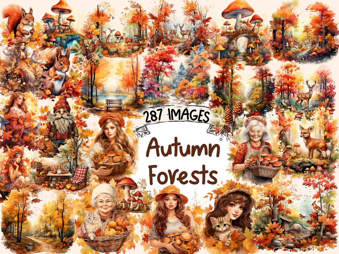 Autumn Forests Watercolor Clipart Bundle - 287 PNG Fall Forest Images ...