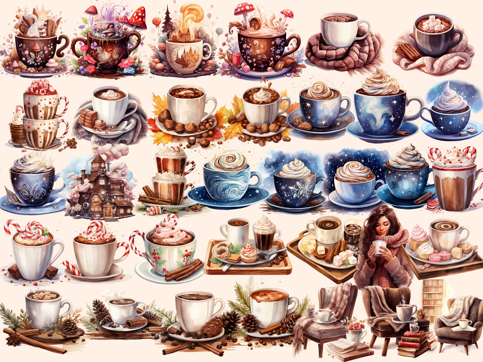 Hot Chocolate Watercolor Clipart Bundle: 384 PNG Cozy Drink Graphics ...