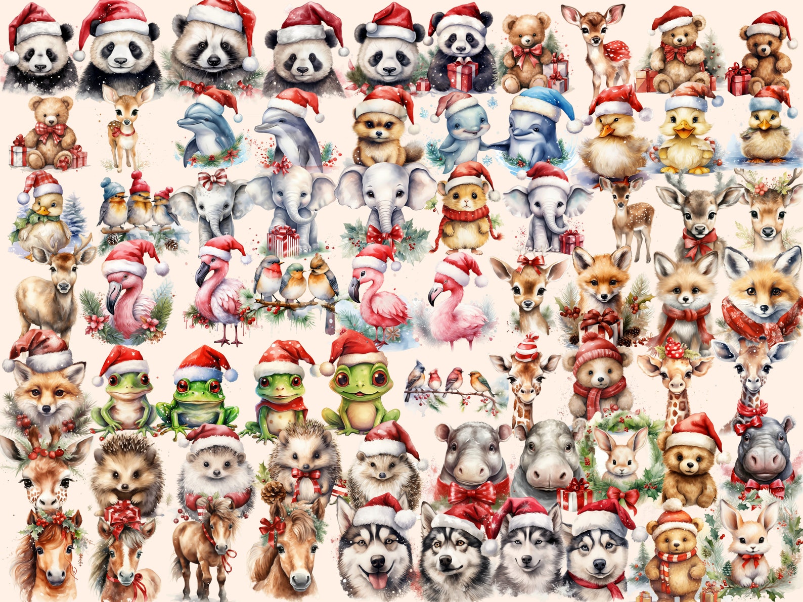 Christmas Animals Watercolor Clipart Bundle: 362 Festive PNG Images ...