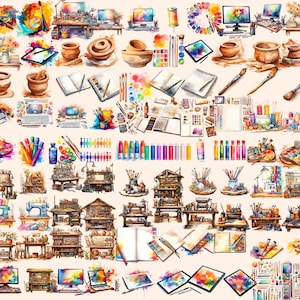 Watercolor Art Supplies Clipart Bundle: 337 PNG Graphics (digital ...