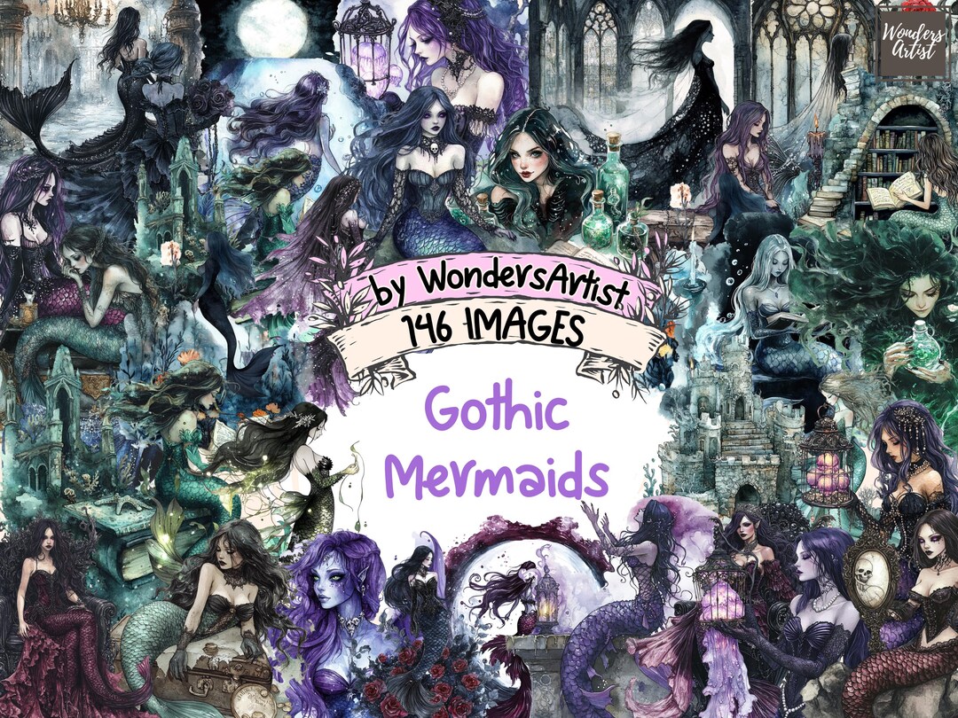 Gothic Mermaids Watercolor Clipart - 146 PNG Dark Fantasy Graphics ...