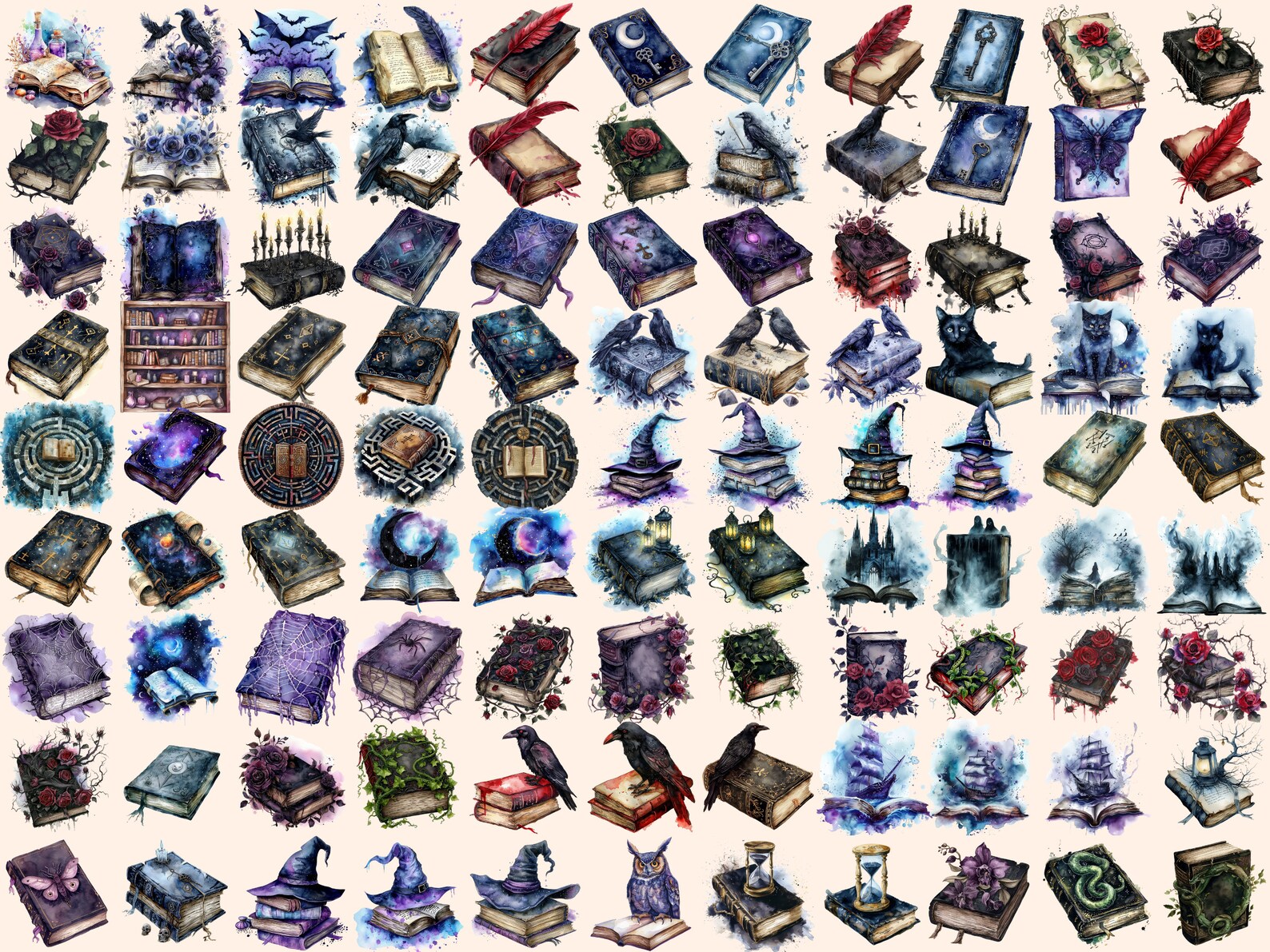 Gothic Books Watercolor Clipart Bundle: 504 Dark Tome PNG Images ...