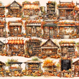 Watercolor Autumn Storefront Clipart Bundle: 128 Fall Shop PNG Graphics ...