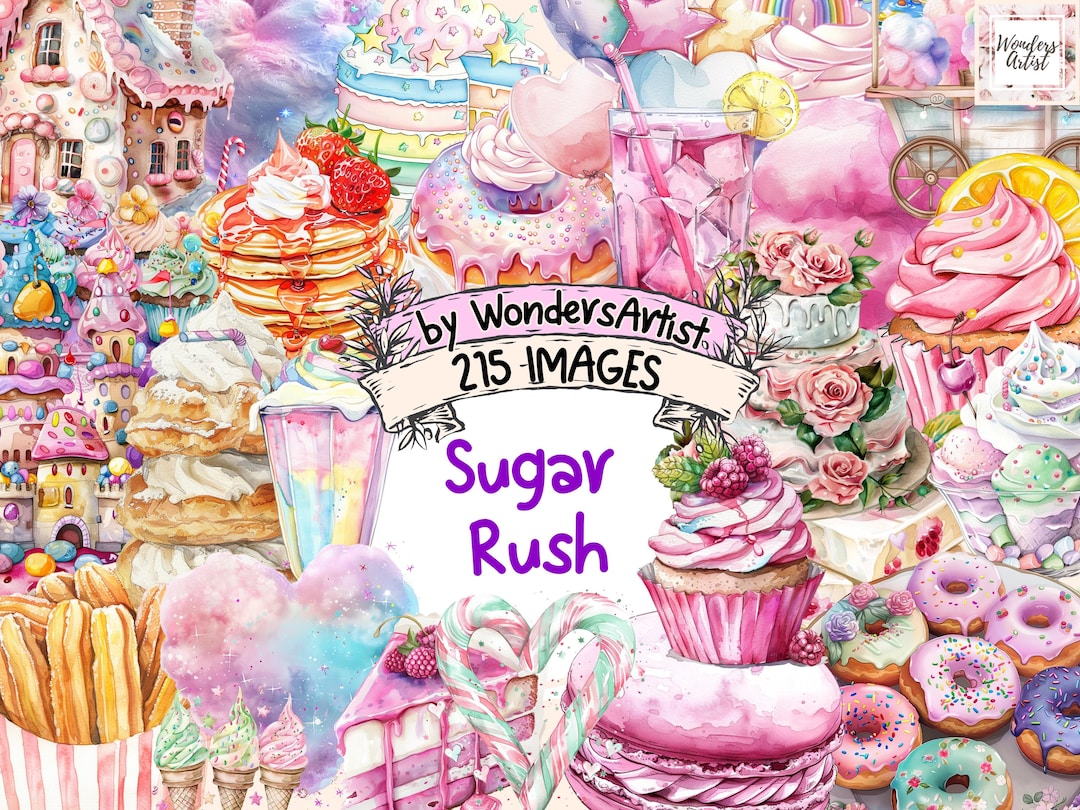 Sugar Rush Watercolor Clipart Bundle - 215 PNG Sweet Dessert and Candy ...