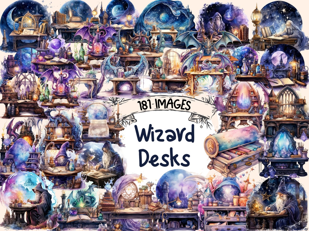 Wizard Desks Watercolor Clipart Bundle - 181 PNG Magical Images ...