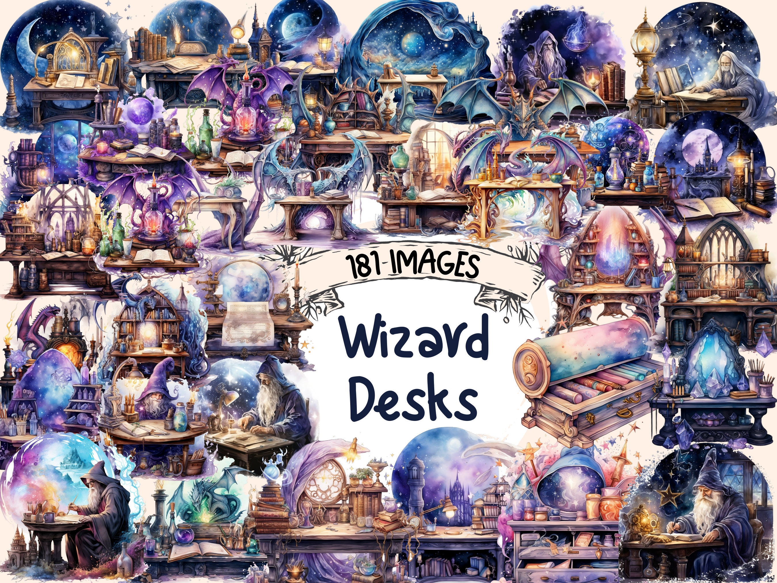 Watercolor Wizard Desk Clipart Bundle: 181 Magical PNG Images (digital ...