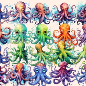 Octopuses Watercolor Clipart Bundle - 106 PNG Octopus Images, Beautiful ...