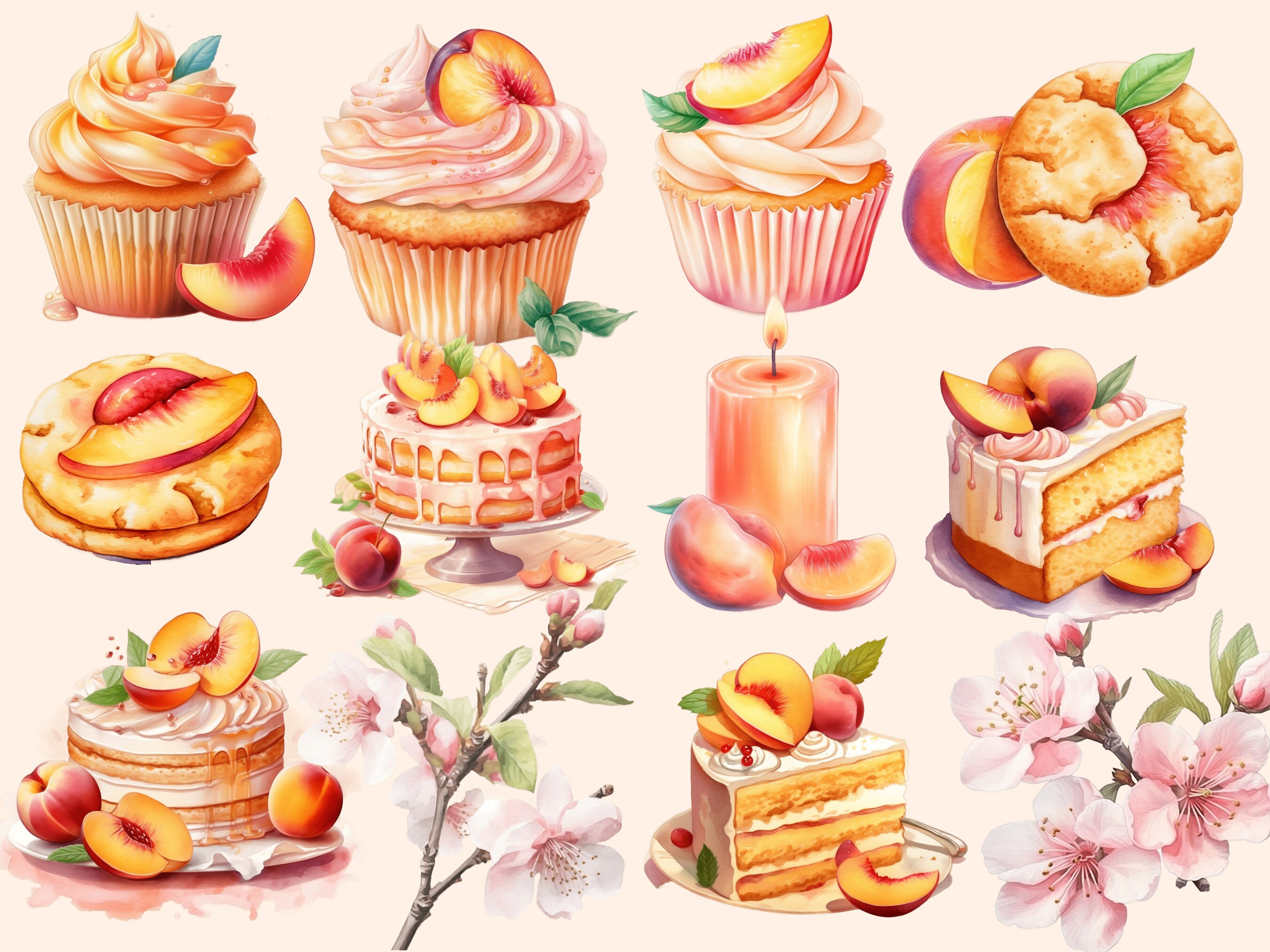 Watercolor Peach Clipart Bundle: Summer Fruit PNG Images (commercial ...