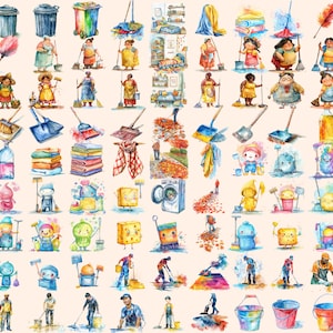 Watercolor Cleaning Clipart Bundle: 687 PNG Graphics (digital Download ...
