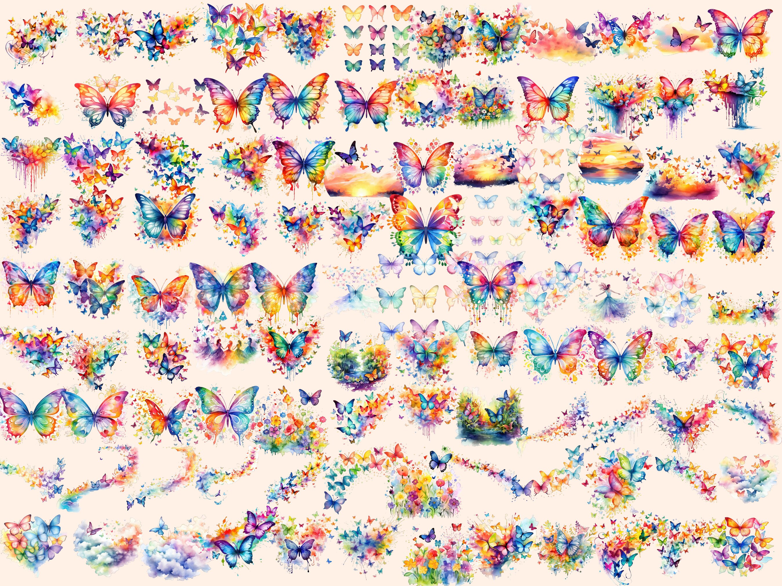 Rainbow Butterflies Watercolor Clipart Bundle: 461 PNG Images (digital ...