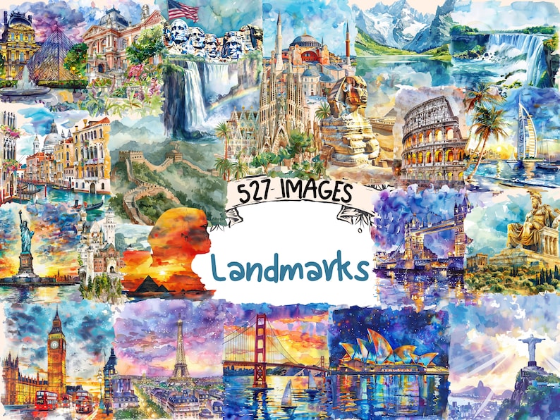 Landmarks Watercolor Clipart Bundle: 527 World Monument PNG Images ...