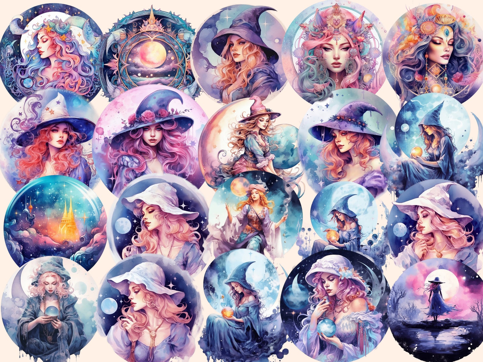 Moon Witches Watercolor Clipart Bundle: 141 PNG Fairytale Images ...