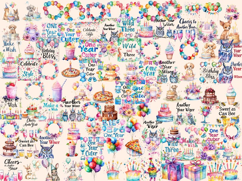 Watercolor Birthday Party Clipart Bundle: 531 PNG Images (digital ...
