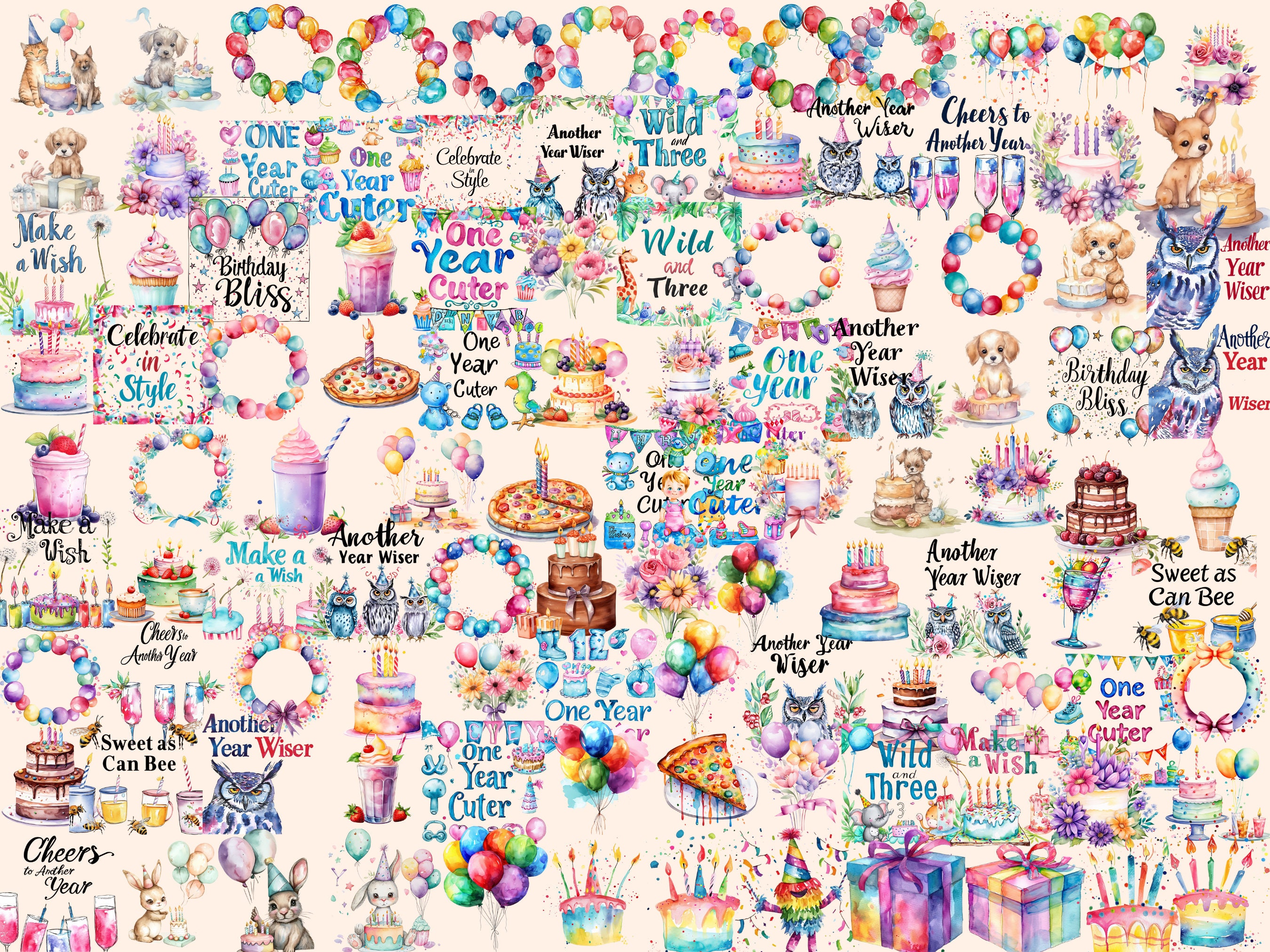 Watercolor Birthday Party Clipart Bundle: 531 PNG Images (digital ...