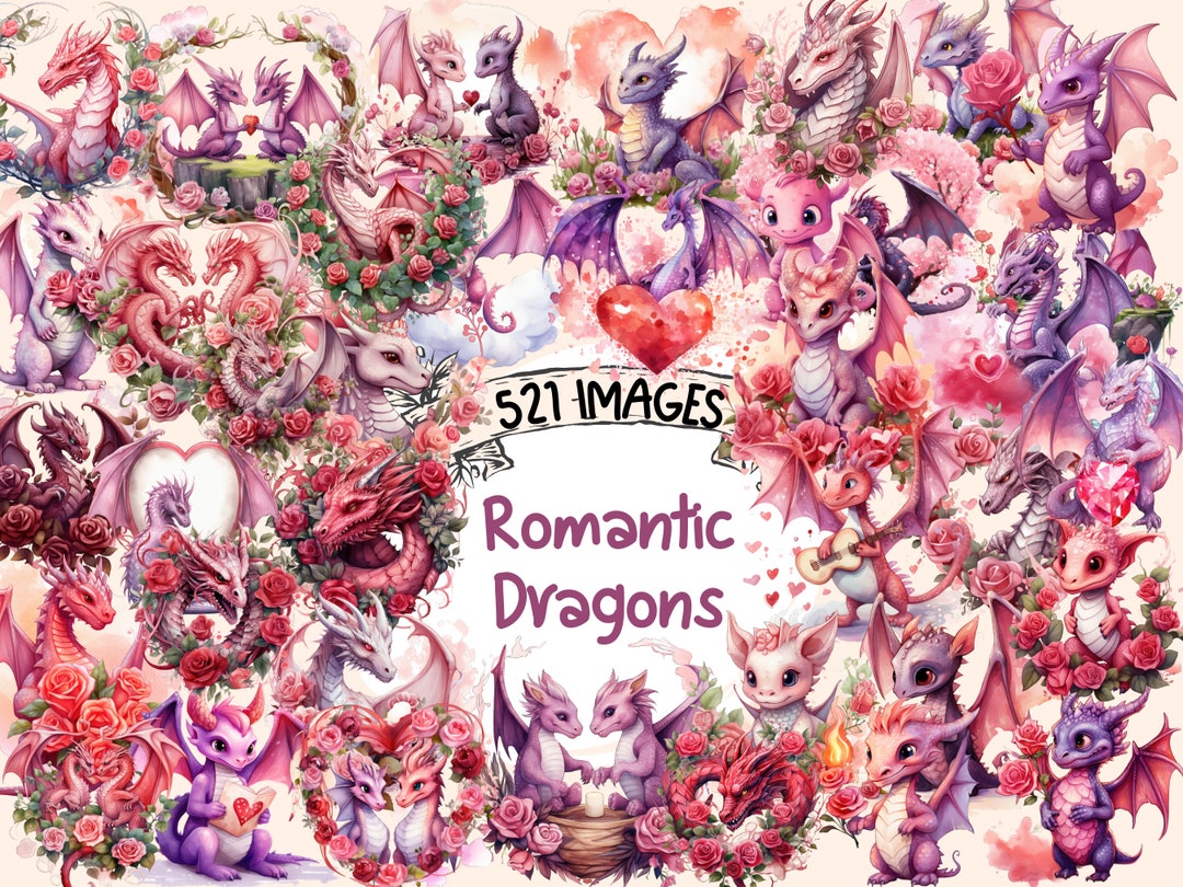 Romantic Dragons Watercolor Clipart Bundle: Valentine's Day PNG ...