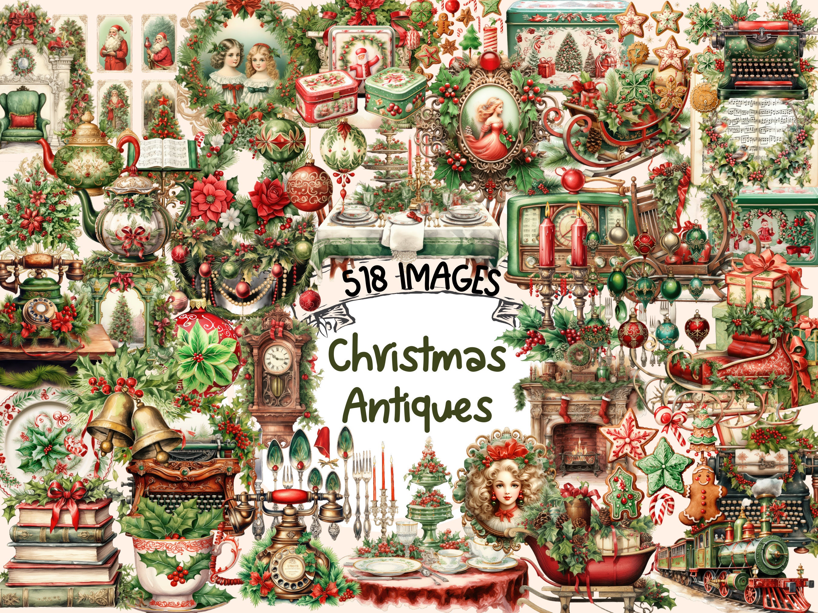 Christmas Antiques Watercolor Clipart Bundle: 518 Vintage Holiday ...