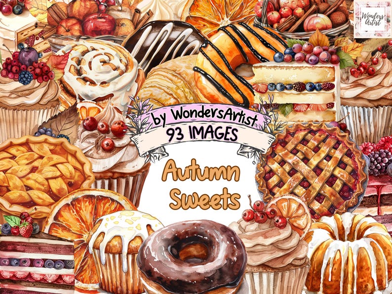 Autumn Sweets Watercolor Clipart: 93 Fall Dessert Graphics (digital ...