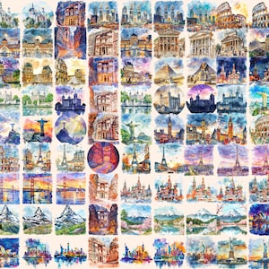 Landmarks Watercolor Clipart Bundle: 527 World Monument PNG Images ...