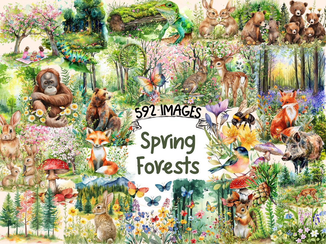 Spring Forests Watercolor Clipart Bundle - 592 PNG Woodland Scene ...
