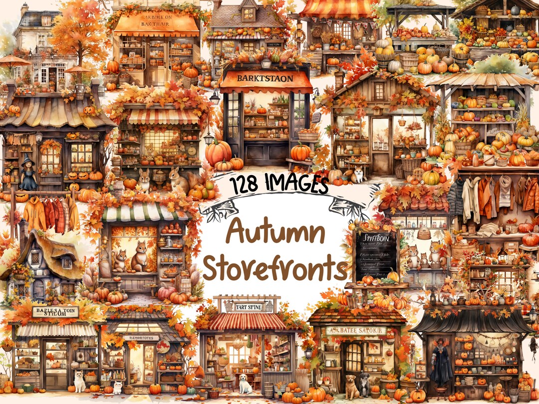 Autumn Storefronts Watercolor Clipart Bundle - 128 PNG Fall Shop Images ...