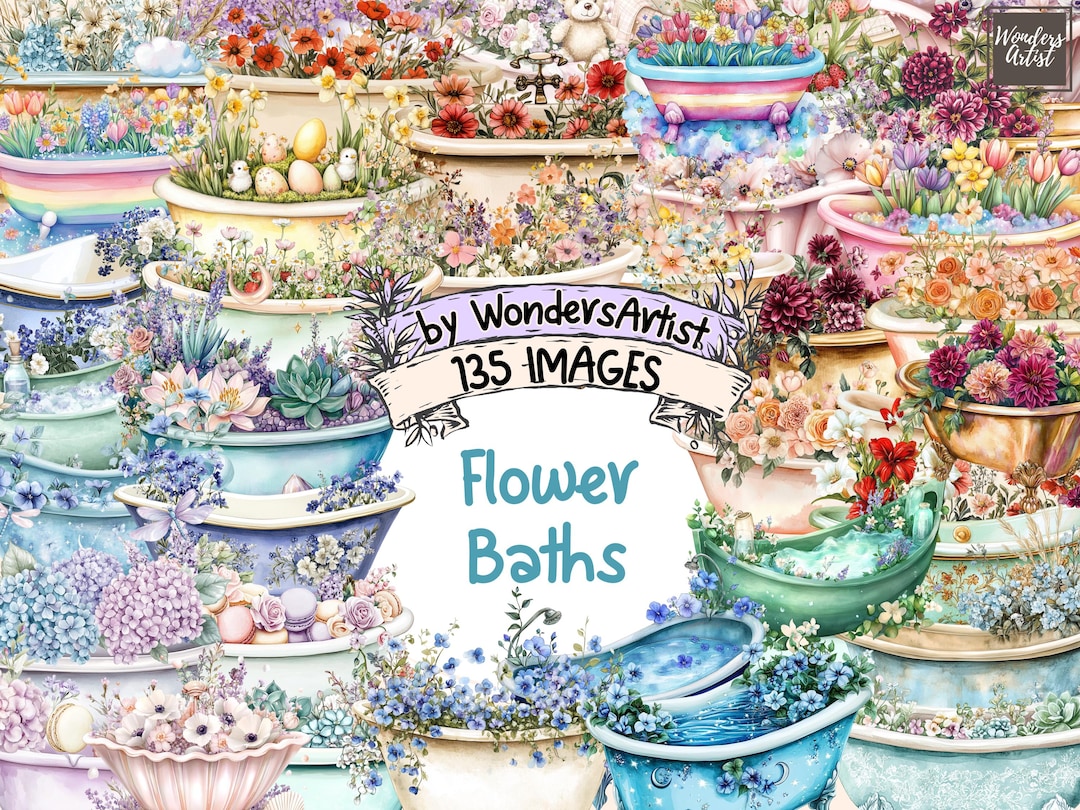 Flower Baths Watercolor Clipart - 135 PNG Relaxing Spa Graphics, Floral ...