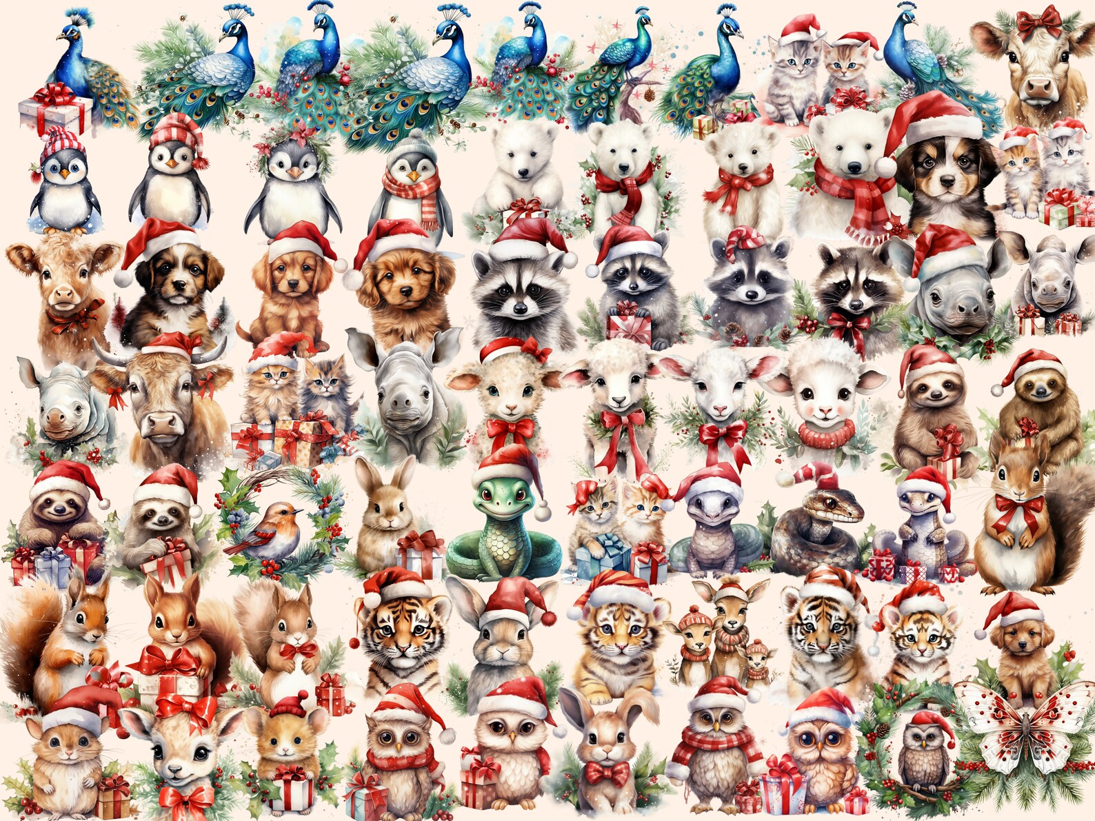 Christmas Animals Watercolor Clipart Bundle: 362 Festive PNG Images ...