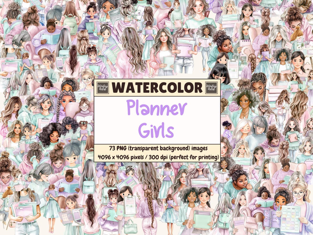 Planner Girls Watercolor Clipart - 73 PNG Graphics - Etsy