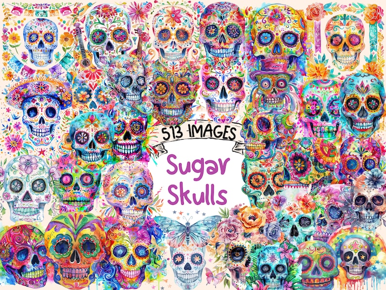 Sugar Skulls Watercolor Clipart Bundle: 513 PNG Images (digital ...