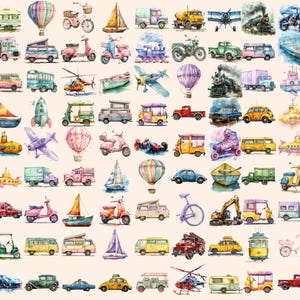 Transportation Watercolor Clipart Bundle - 415 PNG Various Vehicle ...