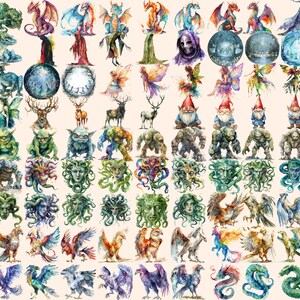 Mythical Creatures Watercolor Clipart Bundle - 728 PNG Legendary Images ...