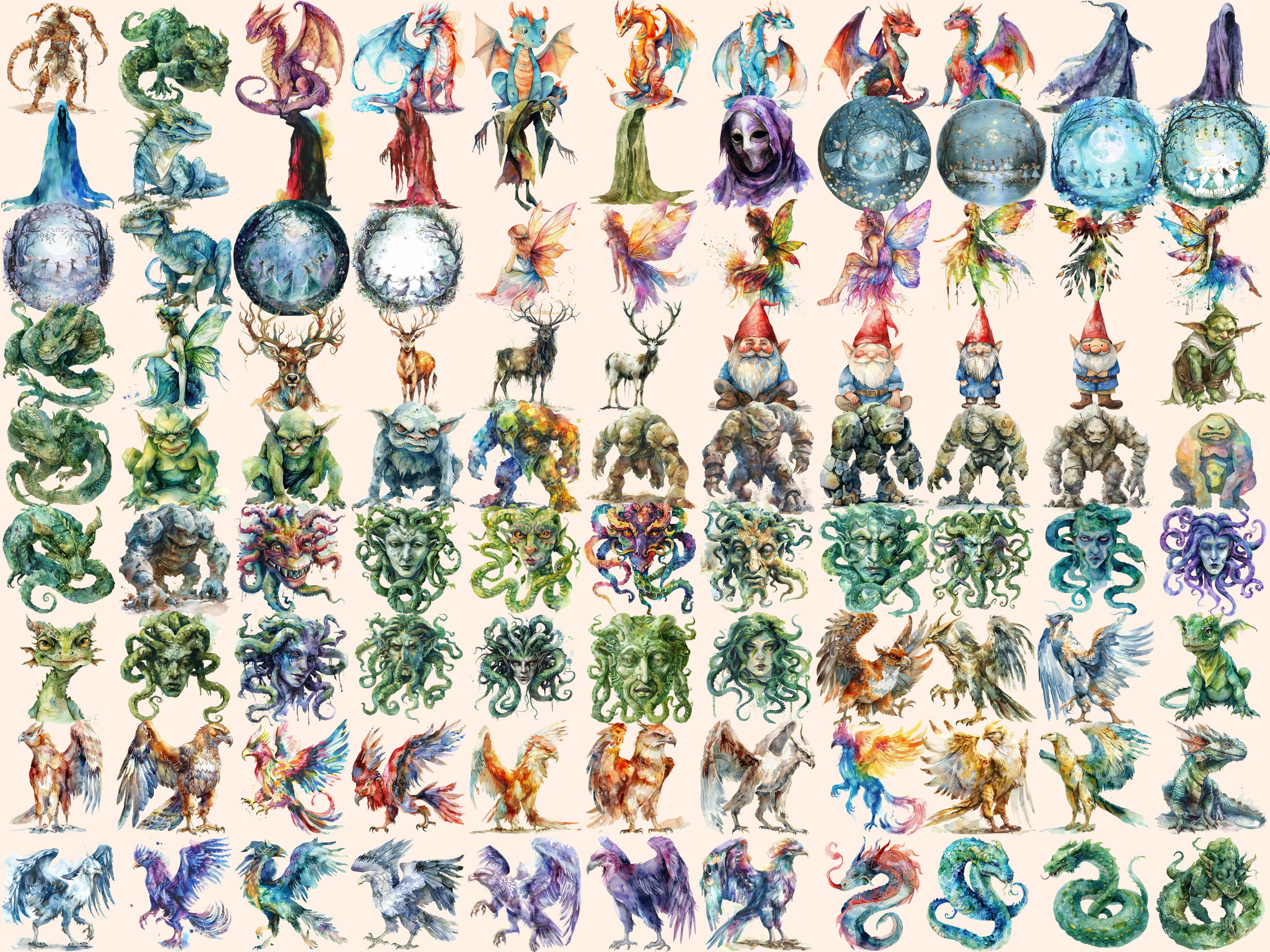 Watercolor Mythical Creatures Clipart Bundle: 728 Fantasy PNG Images ...