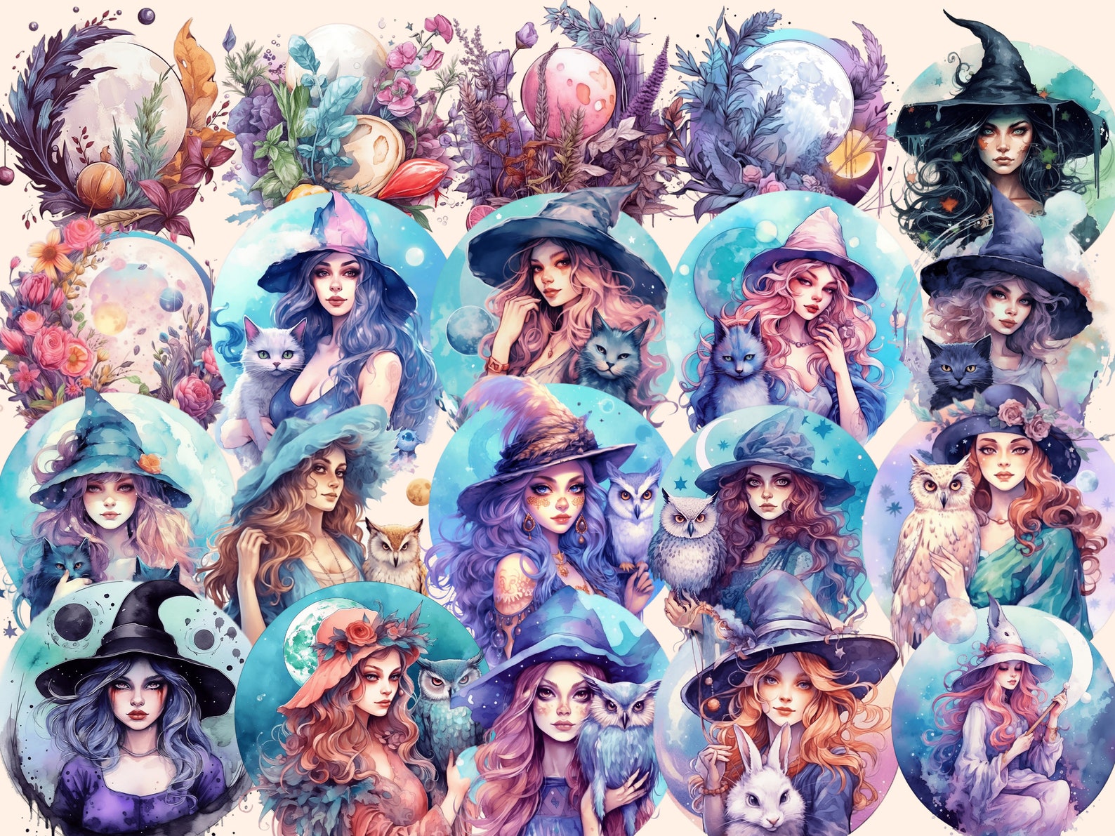 Moon Witches Watercolor Clipart Bundle: 141 PNG Fairytale Images ...