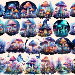 Magical Mushrooms Watercolor Clipart Bundle -226 PNG Glowing Toadstool ...
