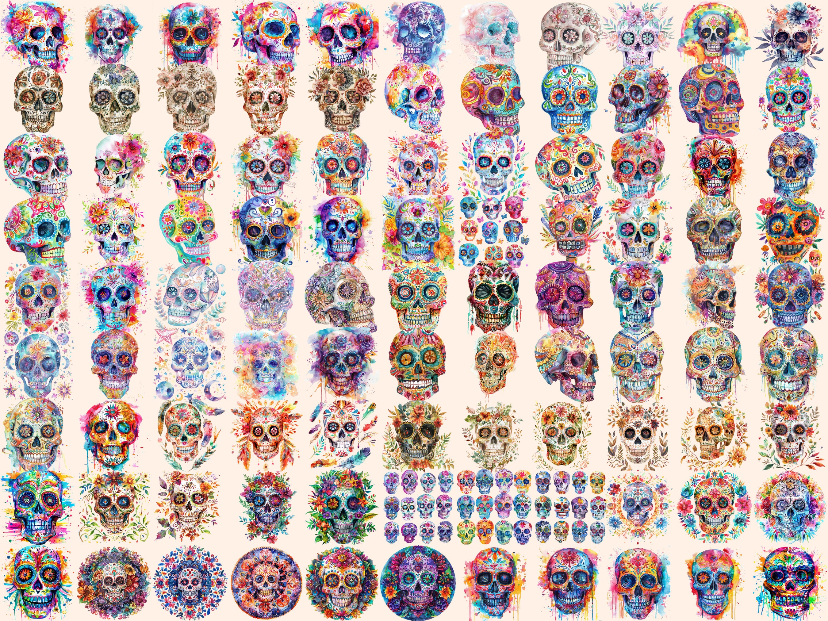 Sugar Skulls Watercolor Clipart Bundle: 513 PNG Images (digital ...