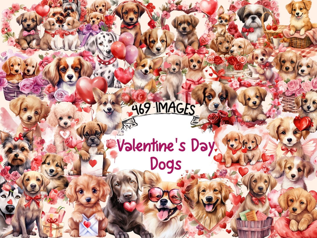 Valentine's Day Dogs Watercolor Clipart Bundle - 469 PNG Romantic Dog ...