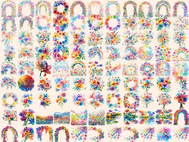 Rainbow Flowers Watercolor Clipart Bundle: 253 Floral PNG Images ...