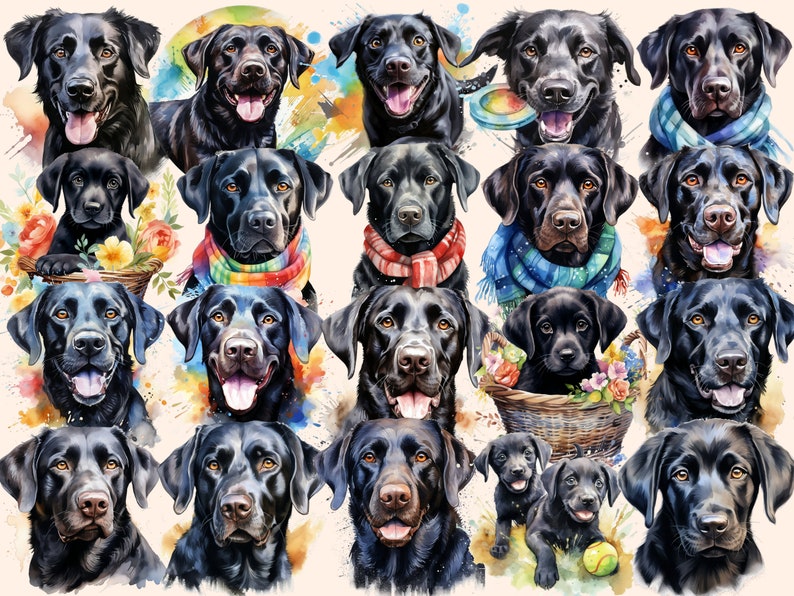 Black Labrador Watercolor Clipart Bundle: 146 PNG Images (digital ...