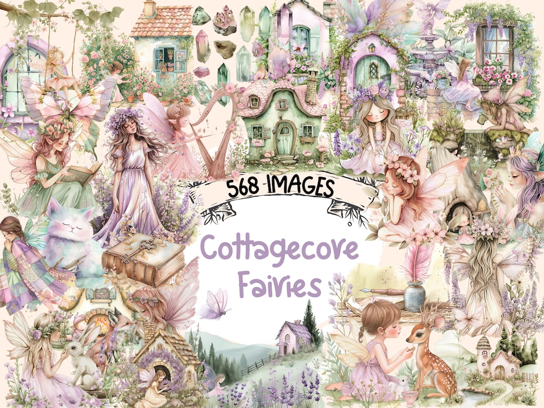 Cottagecore Fairies Watercolor Clipart Bundle: 568 PNG Images (digital ...