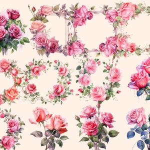 Pink Roses Watercolor Clipart Bundle - 87 PNG Images, Beautiful Floral ...